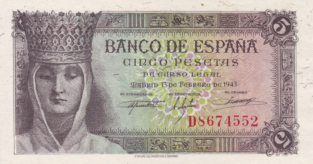 Spain 5 Pesetas banknote 1943 Queen Isabella I of Spain|World Banknotes ...
