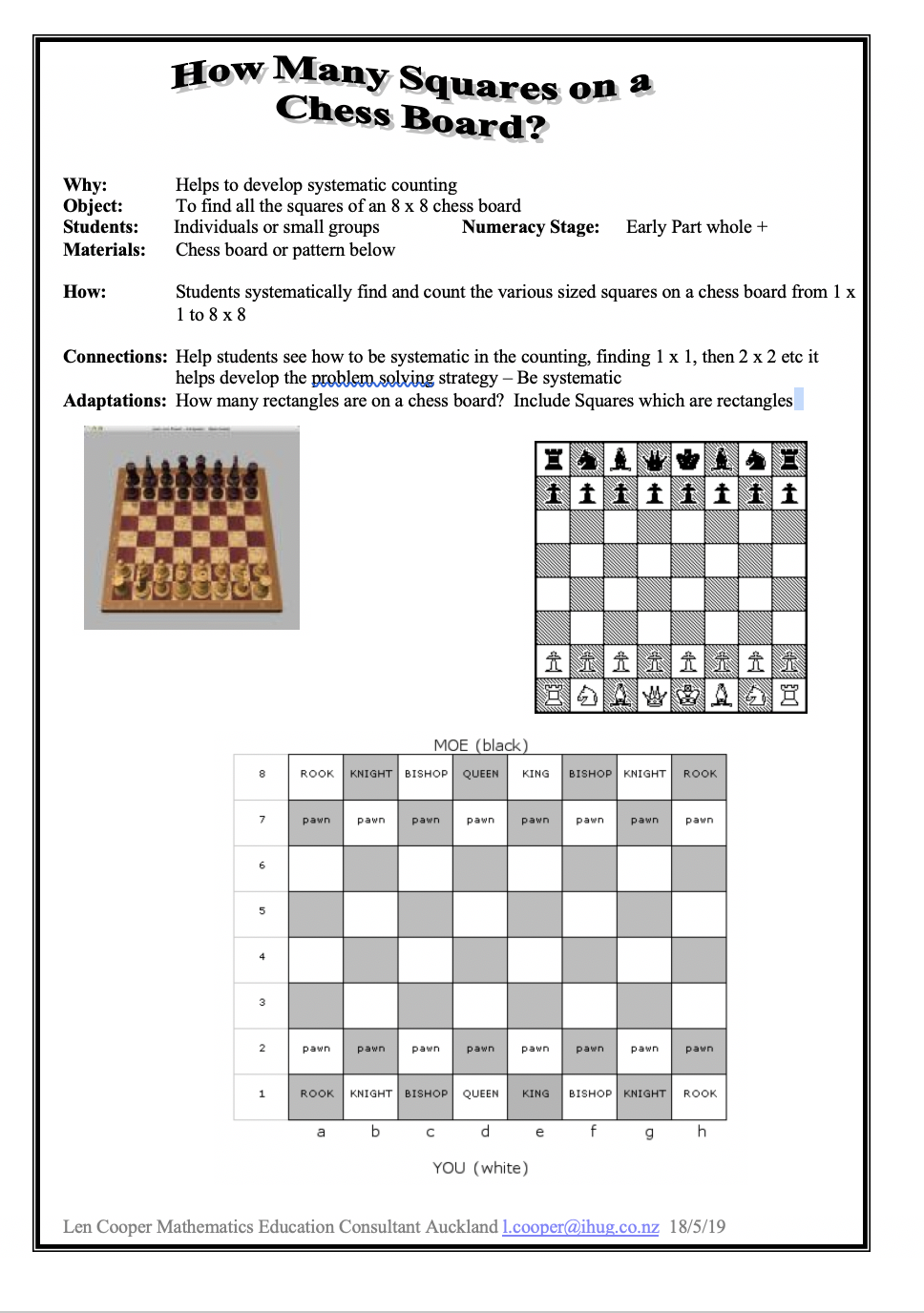 Len's Gems: Squares and Rectangles on a ChessBoard.