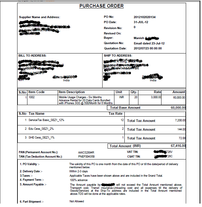 Purchase Order Sample India | Master of Template Document