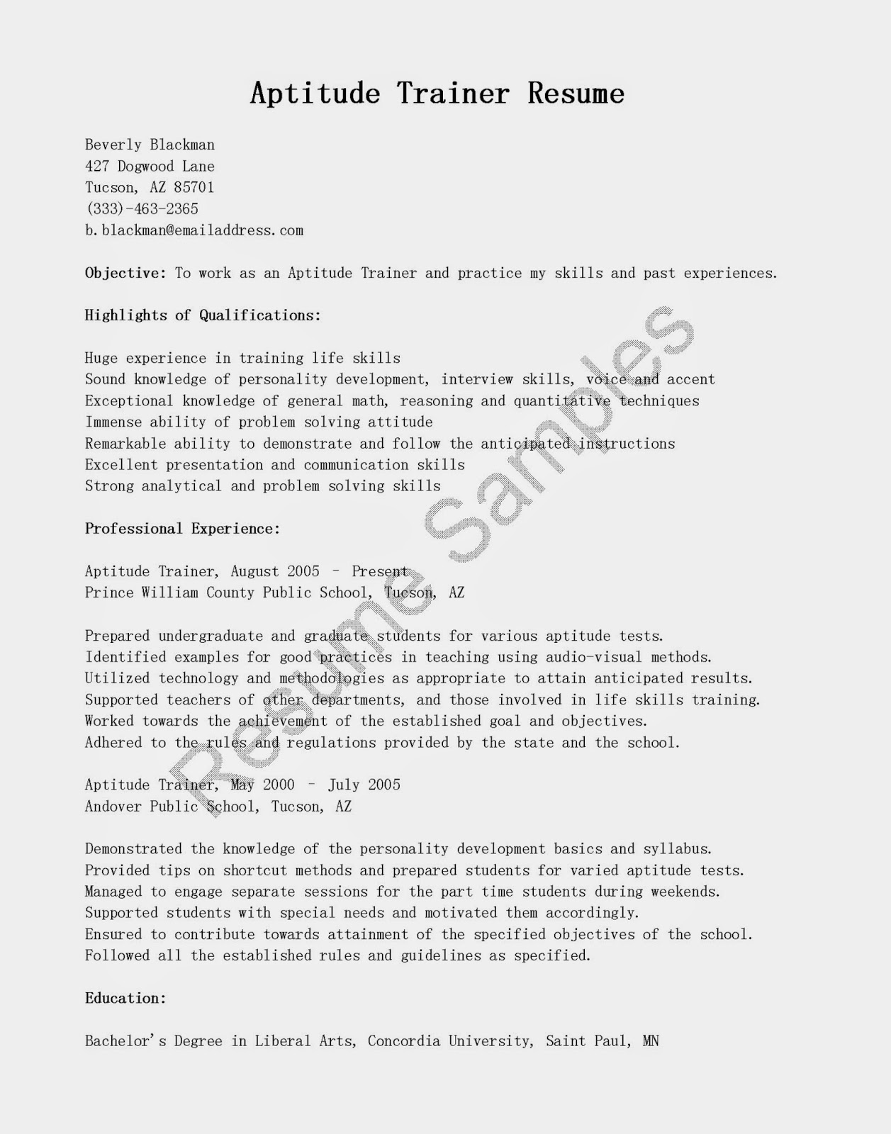 Resume Samples: Aptitude Trainer Resume Sample