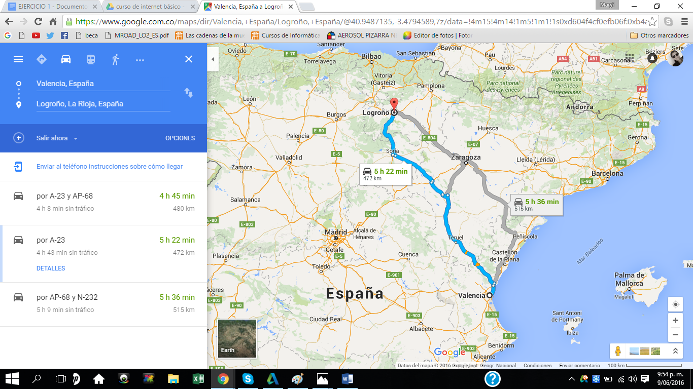 INTERNET BASICO UNAB : GOOGLE MAPS kilómetros entre Valencia y Logroño ...