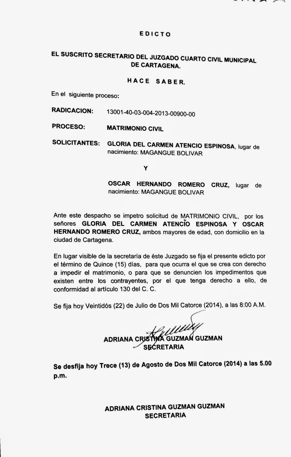 EDICTO MATRIMONIO JULIO 22 DE 2014 RAD. 00900-2013