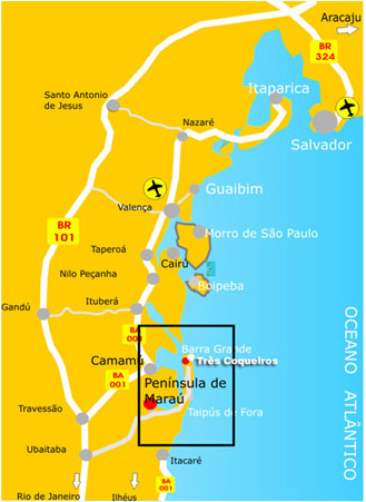 O paraíso fica na Costa do Dendê, ao sul do litoral baiano...: COMO CHEGAR?