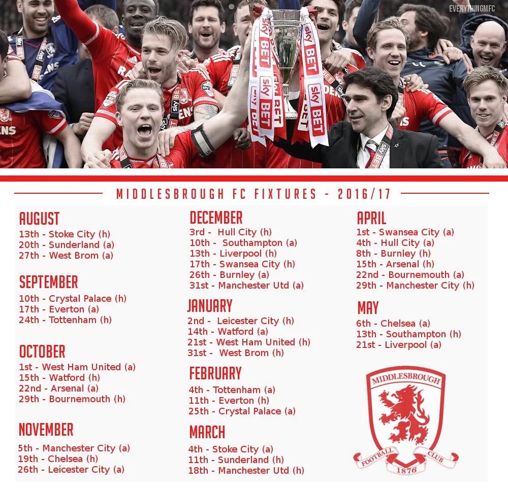 .: Boro Premier League Fixtures 2016-17