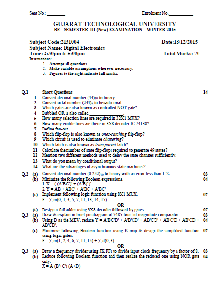GTU 2131004 Digital Electronics December 2015 Question Paper ...