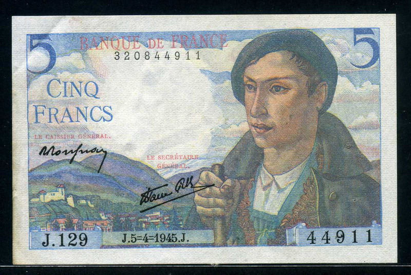 France money 5 Francs banknote of 1945 Berger|World Banknotes & Coins ...
