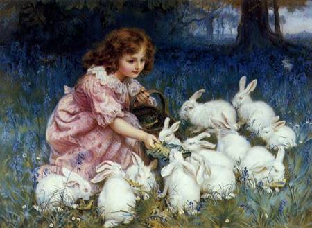 Children and Their Pet Rabbits ~ Antique Oil Paintings
