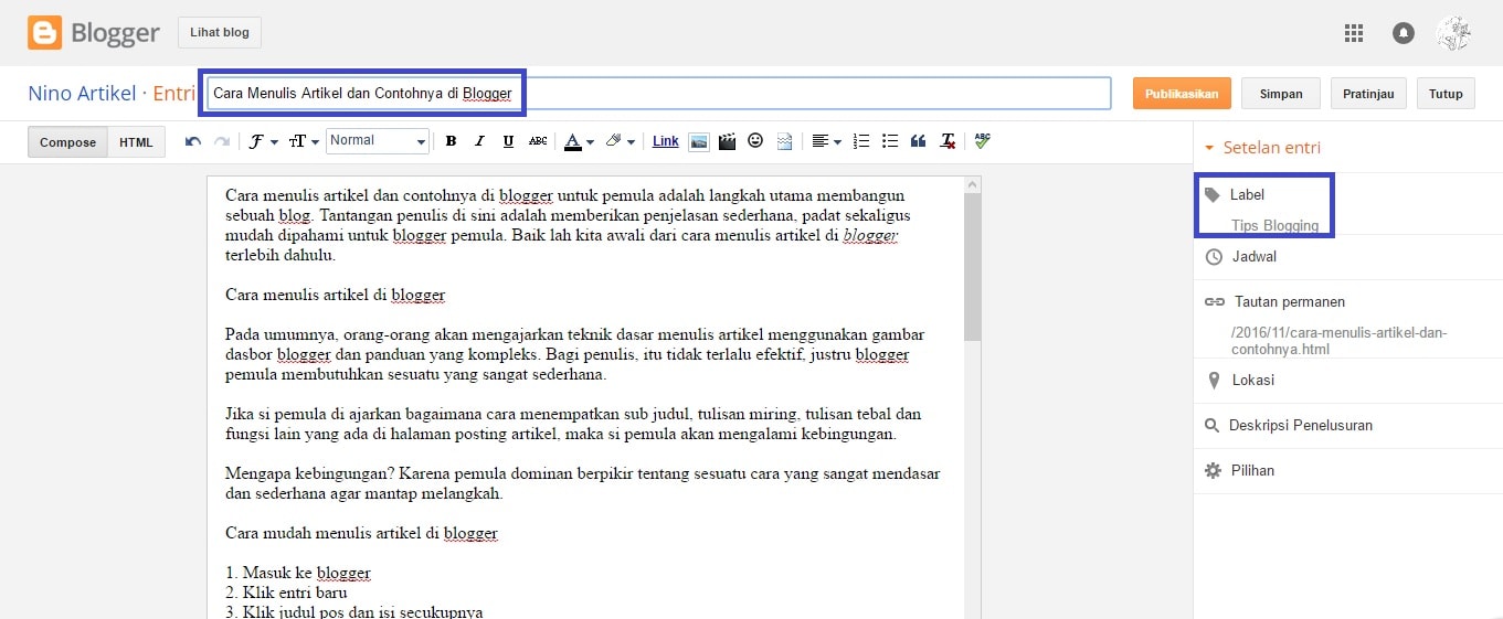 Cara Menulis Artikel dan Contohnya di Blogger - Nino Artikel