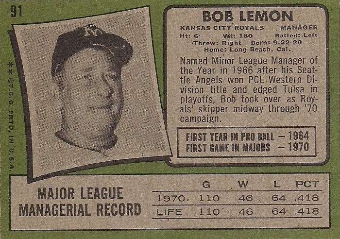 Topps 1971: no. 91 - bob lemon