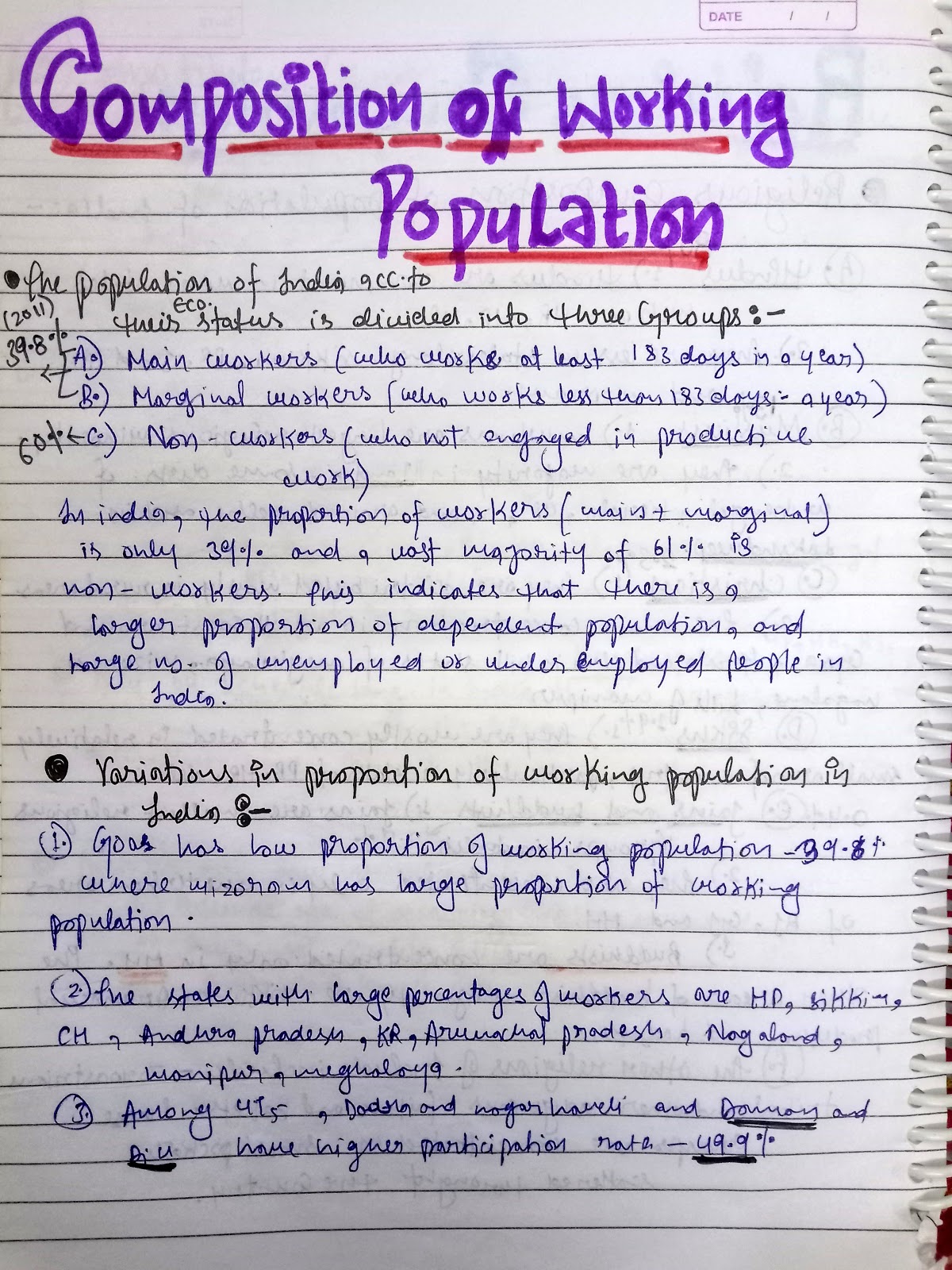 handwritten notes of Population- chapter 1 [geography] class 12th ...