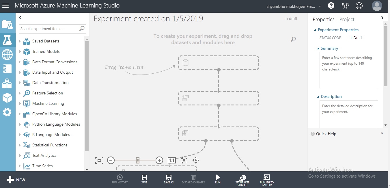 Data upload in Azure ML platform,New experiment and Data cleaning,ETL