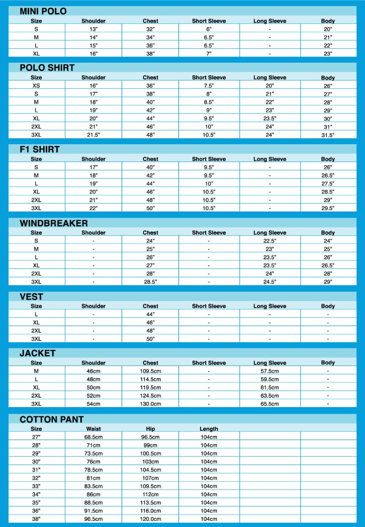 Printing, Material & Machine Supply: Size Chart