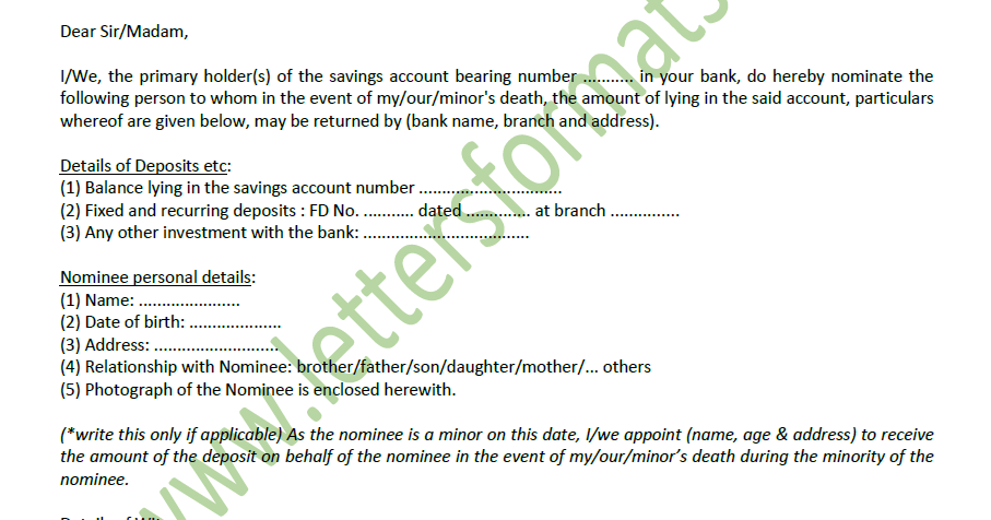 Application Letter For Change Of Nominee In Bank Account