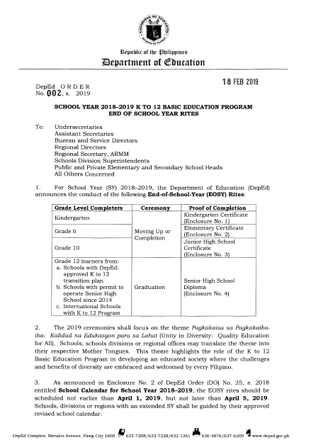 Deped Order No. 002, s. 2019 - School Year 2018-2019 K to 12 End of ...