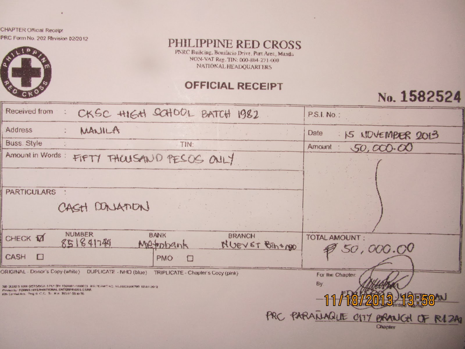 CKSC High School Batch 82: 2013 Donation to Philippine Red Cross