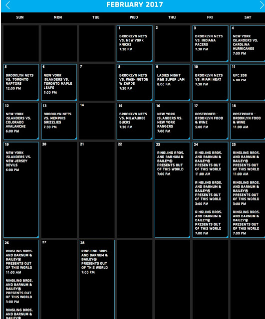 Barclays Center event calendars from December 2016 through March 2017