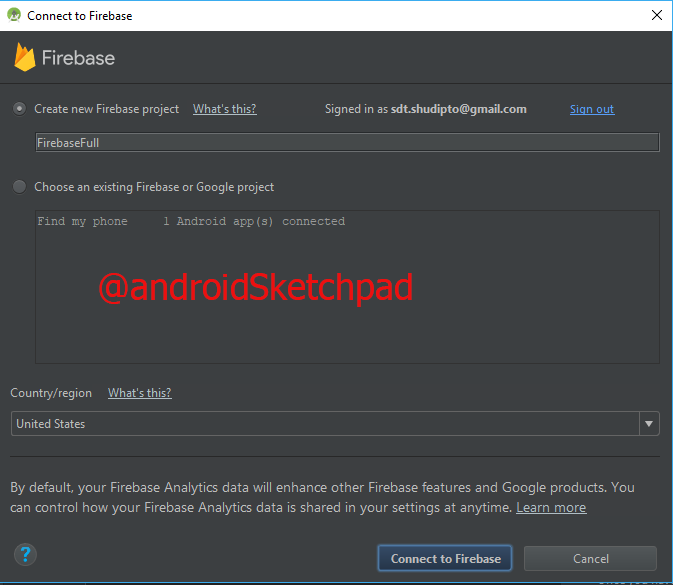 How to connect firebase directly from android studio AndroidSketchpad