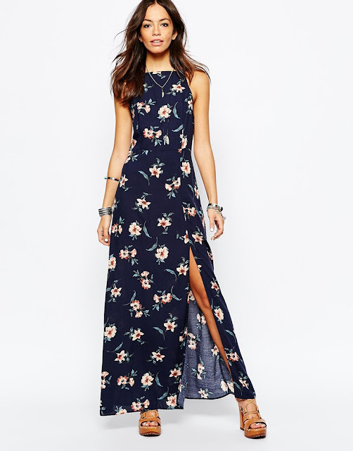 BLUE FLORAL PRINT SPLIT FRONT MAXI DRESS