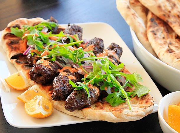 Kofte Kebabs With Spicy Harissa Yogurt Sauce and Grilled Flatbread ...
