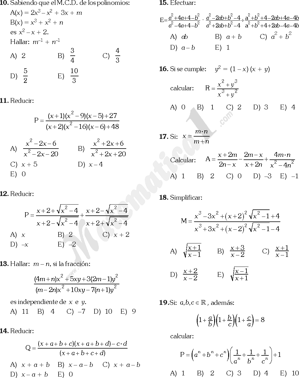 MÁXIMO COMÚN DIVISOR Y MÍNIMO COMÚN MÚLTIPLO DE EXPRESIONES ALGEBRAICAS EJERCICIOS RESUELTOS PDF