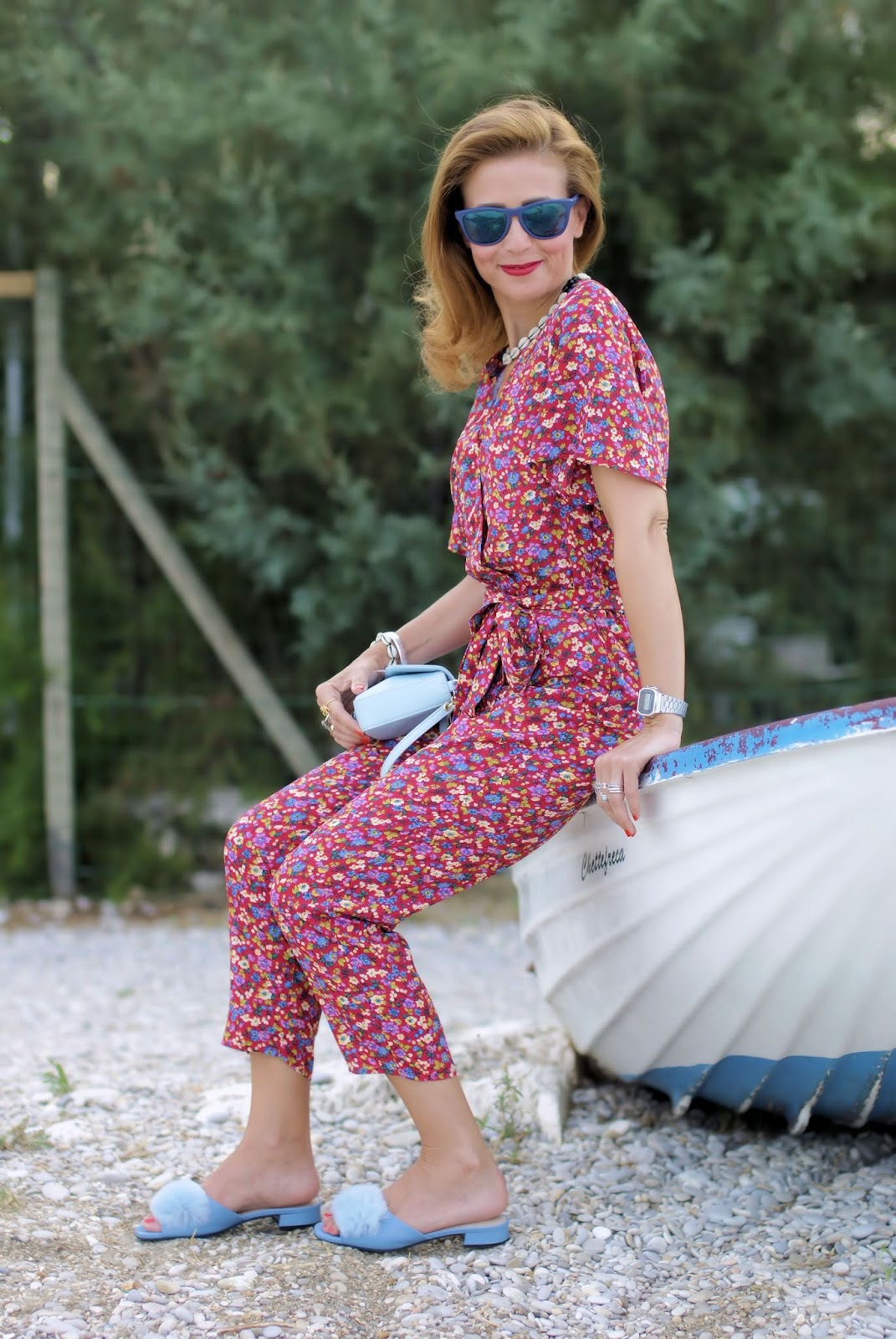 Floral jumpsuit and baby blue furry slippers | Fashion and Cookies ...