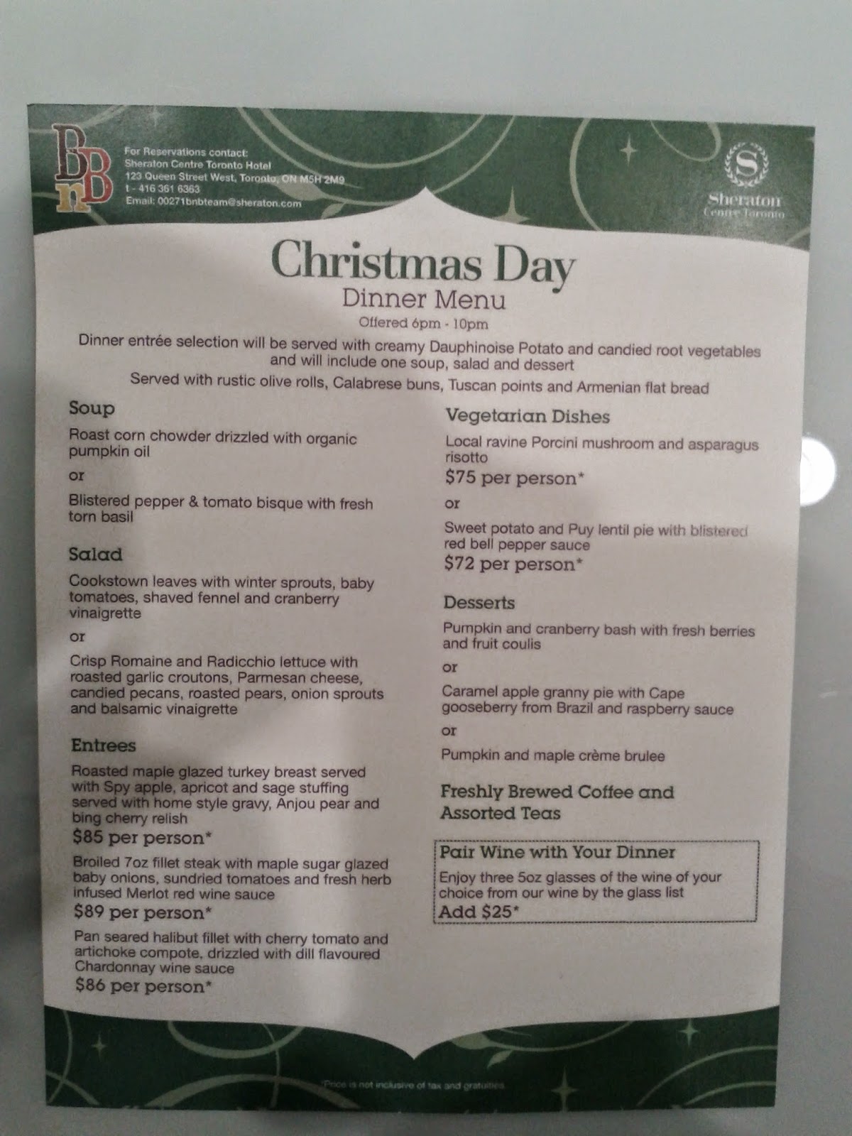 Toronto things: Sheraton Hotel Toronto Christmas and New Year's dinner menu