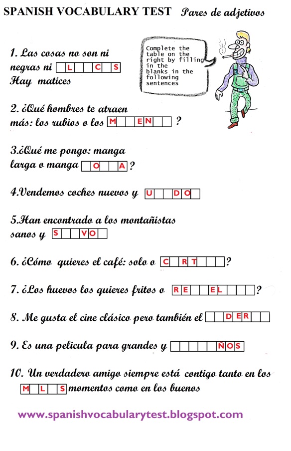 Spanish Test: Spanish Vocabulary Test: Adjetives and Word pairs (B1)