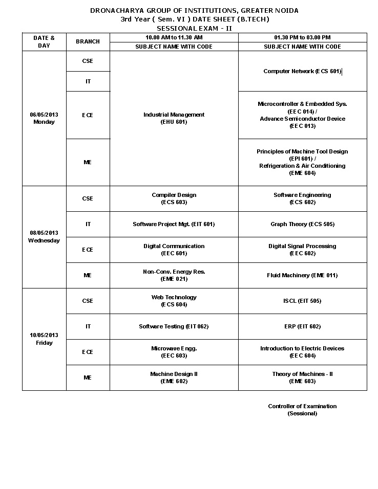 ECE Dronacharya: 2nd Sessional Date Sheet