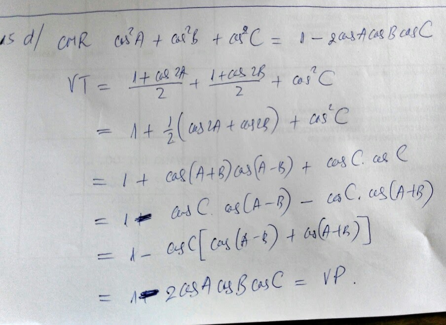 Toán và Em: Chứng minh rằng trong tam giác ABC ta có $\cos ^2A + \cos ...
