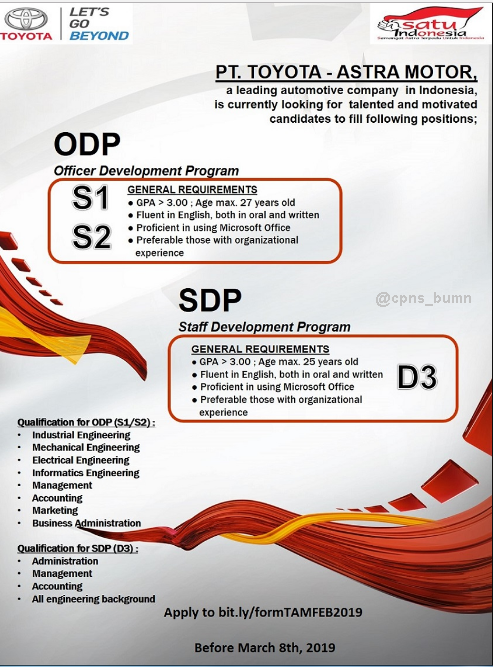 Lowongan Kerja Development Program Toyota Astra Motor Via CDC FTUI ...