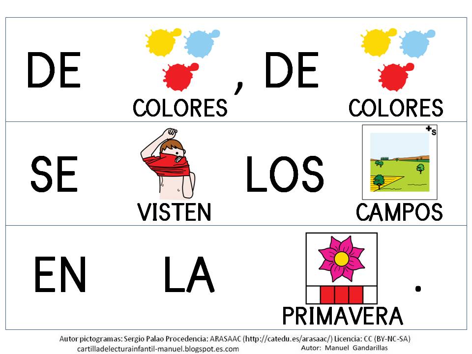 CARTILLA DE LECTURA INFANTIL : "DE COLORES..." CANCIÓN POPULAR PICTOGRAMAS