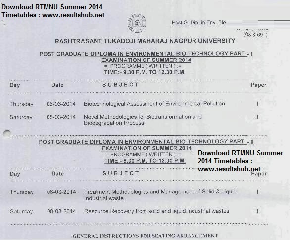 RTMNU PG Diploma Environmental BioTech Summer 2014 Timetable