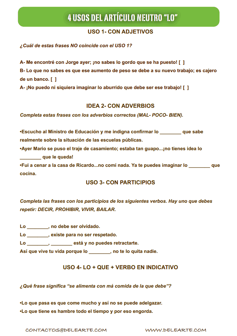 Español y Tecnologias Pura Vida: Artículo neutro "LO" 2