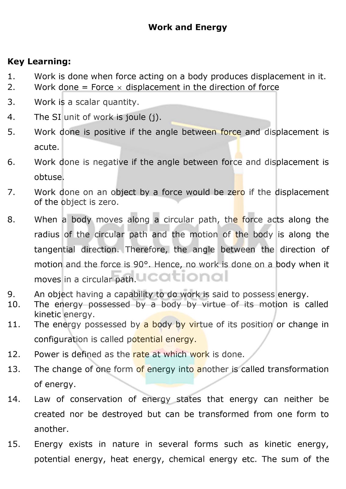 9th Physics Chapter 3 Work And Energy Notes - Definitions & Formulae ...