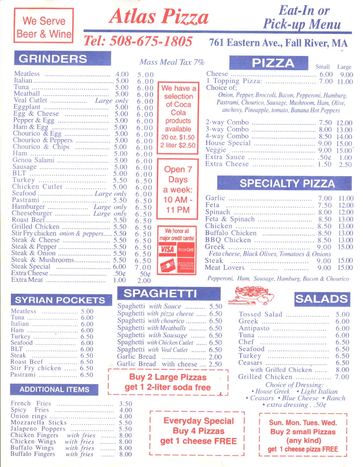 Atlas Pizza Menu Fall River