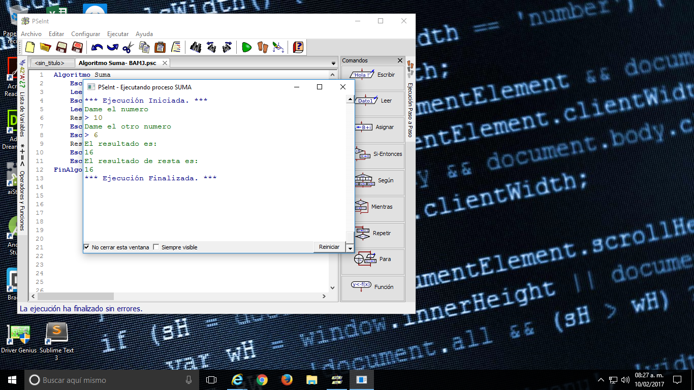 desarrolla software utilizando programacion estructurada : algoritmo de suma
