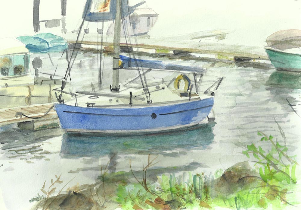 Martin Davey Illustration and Fine Art: Blue boat - watercolour sketch