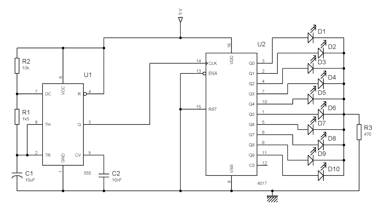 Pakéquis: Sequencial de LED clássico (CD4017 + LM555)