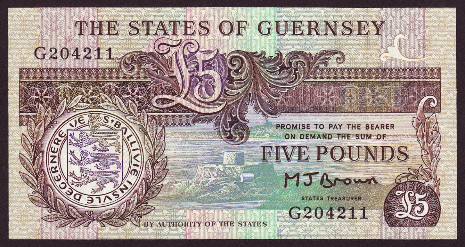 Guernsey 5 Pounds banknote 1991 Thomas de la Rue|World Banknotes ...