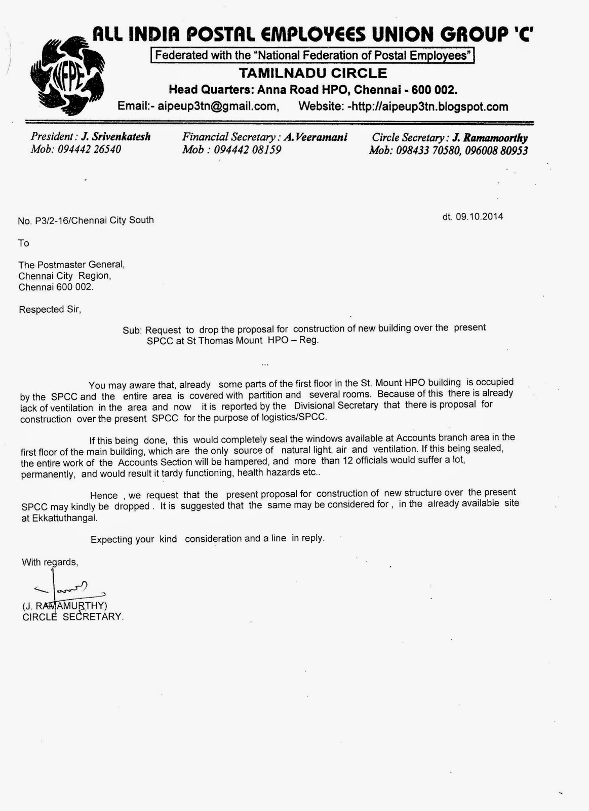 ALL INDIA POSTAL EMPLOYEES UNION GROUP C, TN CIRCLE, CHENNAI 600 002 ...