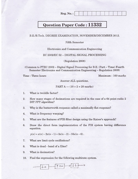 EC2302 Digital Signal Processing Nov Dec 2012 Past Exam Paper ...