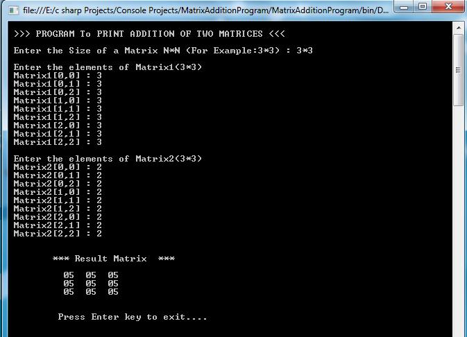 C Sharp Sense C Program For Addition Of Matrices Using Arrays