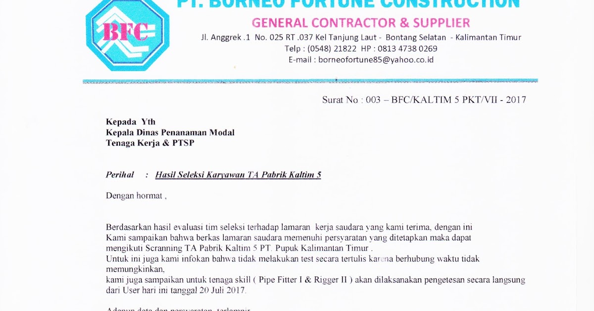 Lowongan Kerja Bontang : SELEKSI : PT. BORNEO FORTUNE CONSTRUCTION ( TA ...