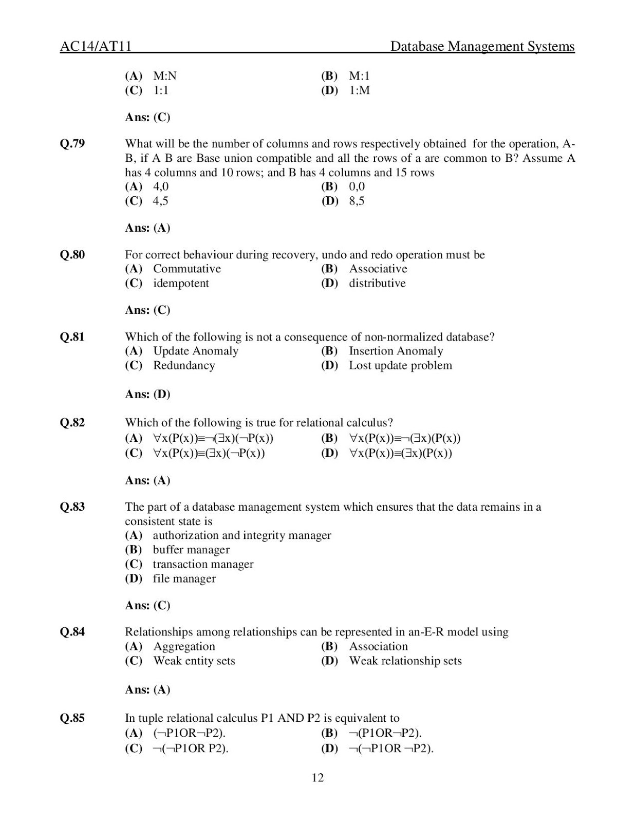 Knowledge For All Mcqs Data Base Management Systems