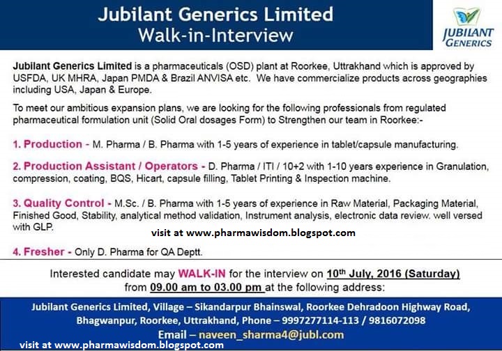 JUBILANT GENERICS LTD Walk-In Interview on 10th July, 2016 - PHARMA WISDOM