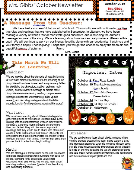 Mrs. Gibbs' Class Blog: October Newsletter
