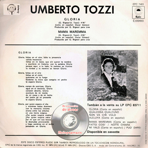 Melopopmusic: Umberto Tozzi ‎- Canta En Español Gloria [SG Epic] (1979)