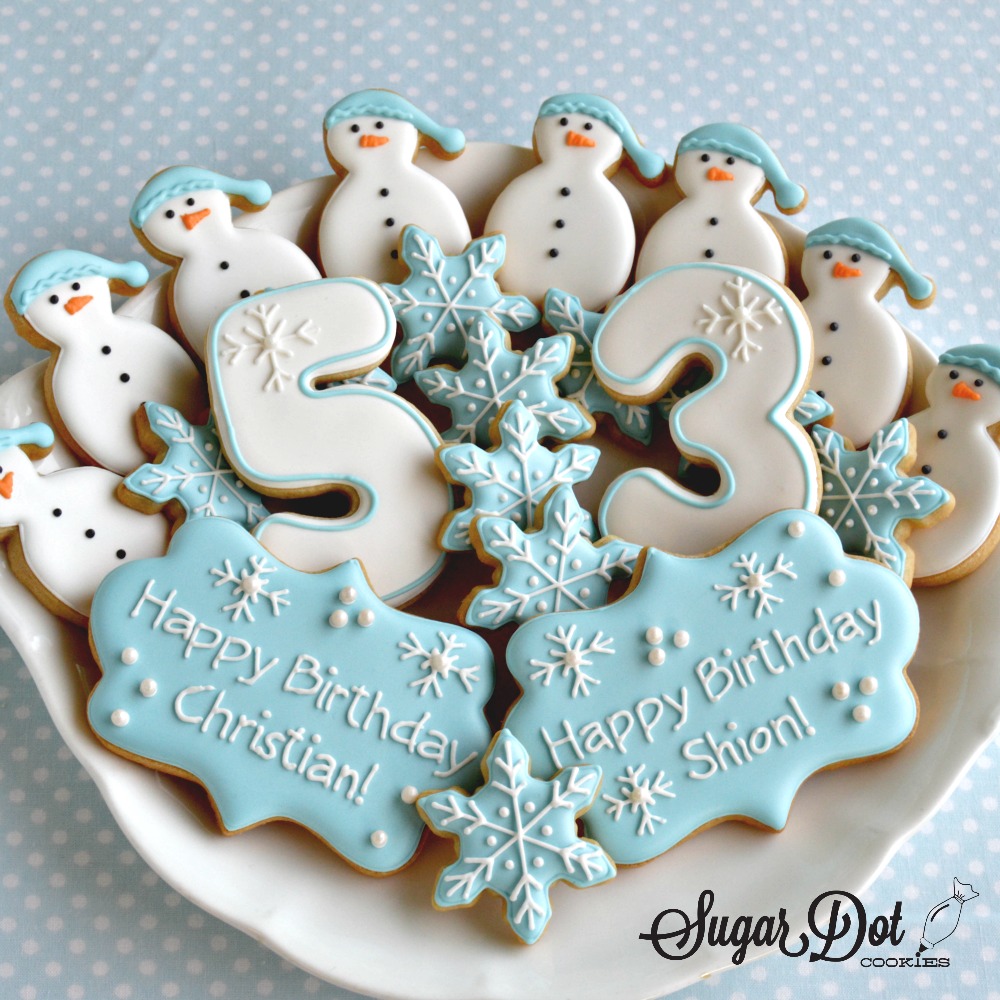 Little snowmen with hats, birthday numbers, mini snowflakes, and plaque ...