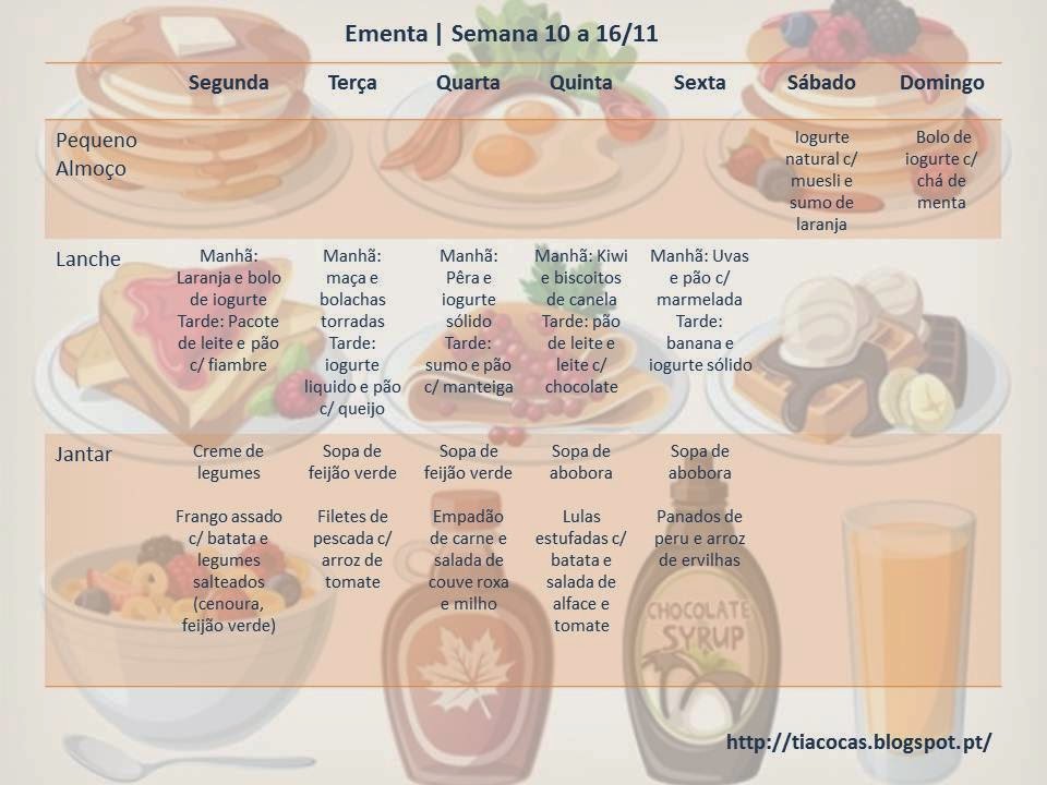 Tia Cocas: Ementa 10 a 16/11