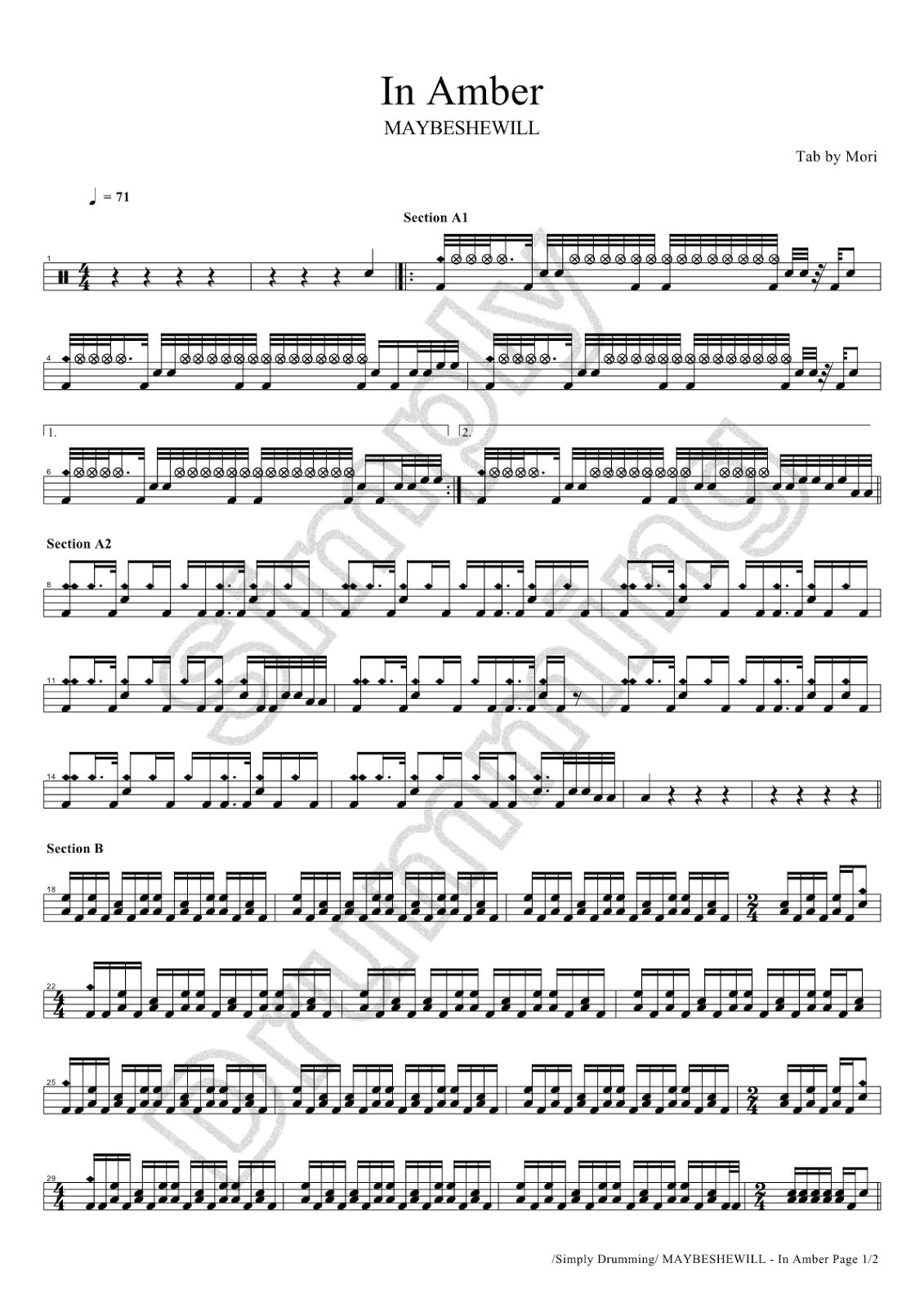 鼓手森 - Simply Drumming: MAYBESHEWILL - In Amber drum sheet